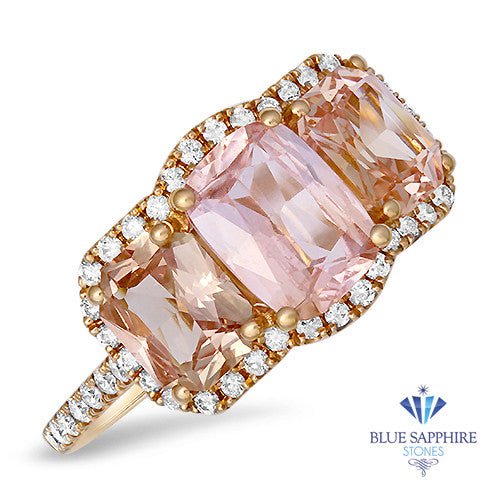 3.04ctw Three Stone Padparadscha Ring with Diamond Halo in 18K Rose Go ...